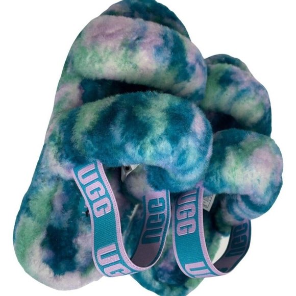 UGG | Shoes | Ugg Fluff Yeah Marble Tie Dye Fur Slides Slippers Blue Green Pink Eu 37 Us 6 New ...